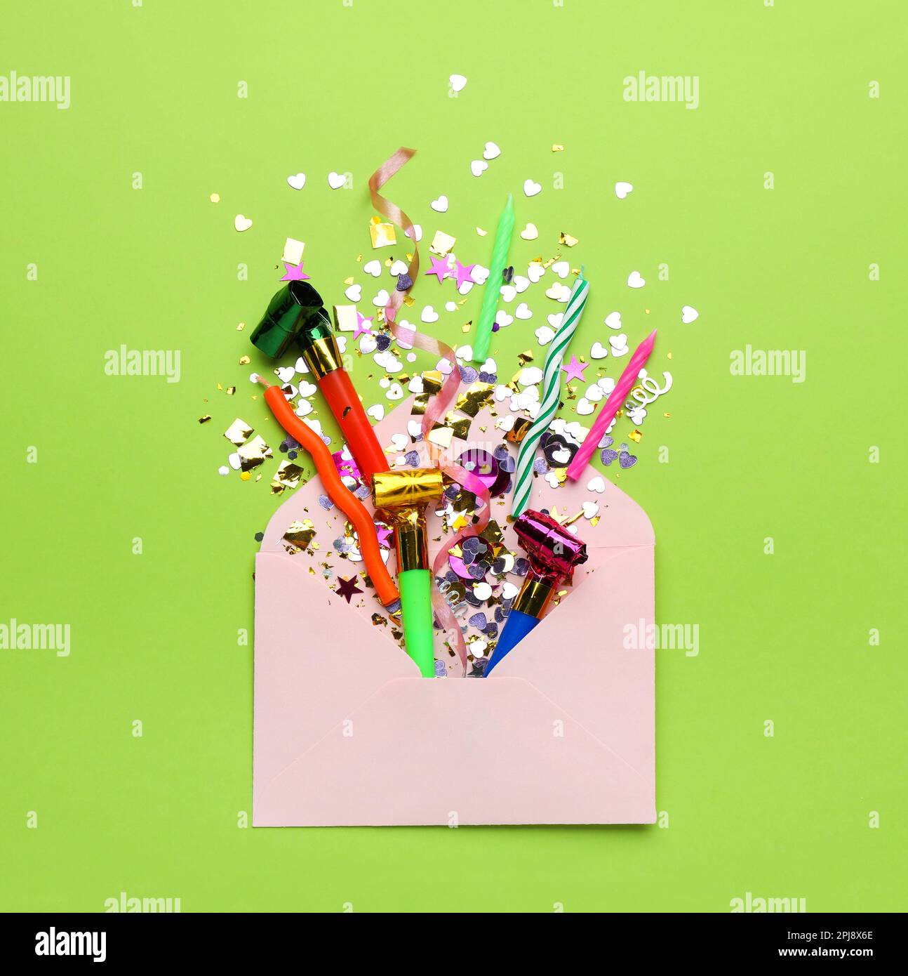 Beautiful flat lay composition with envelope and festive items on light ...