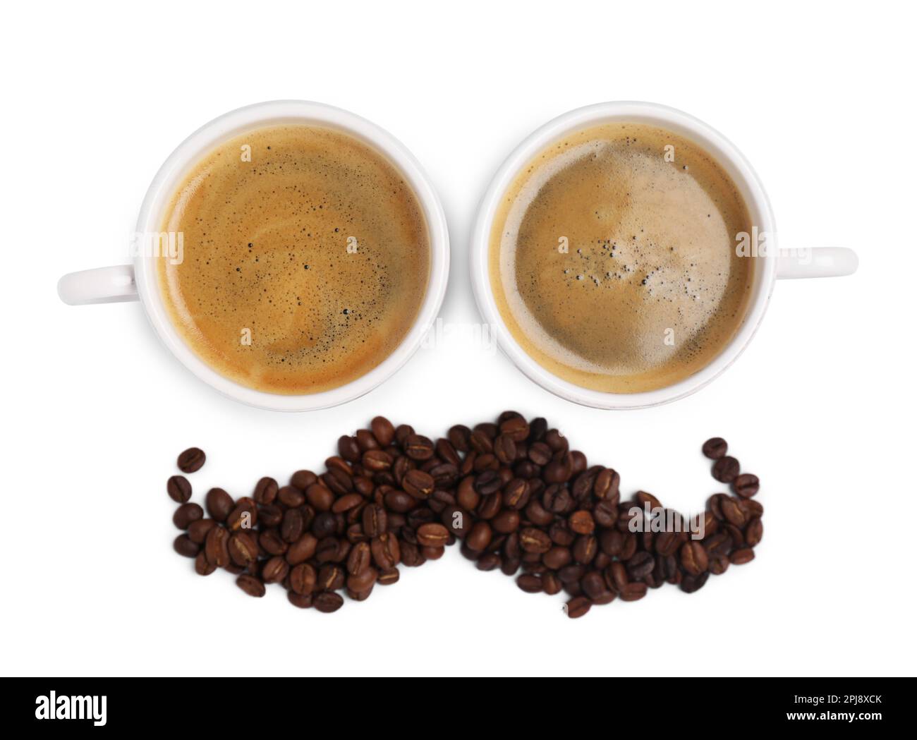 Face made with cups of coffee as eyes and beans as mustache on white ...