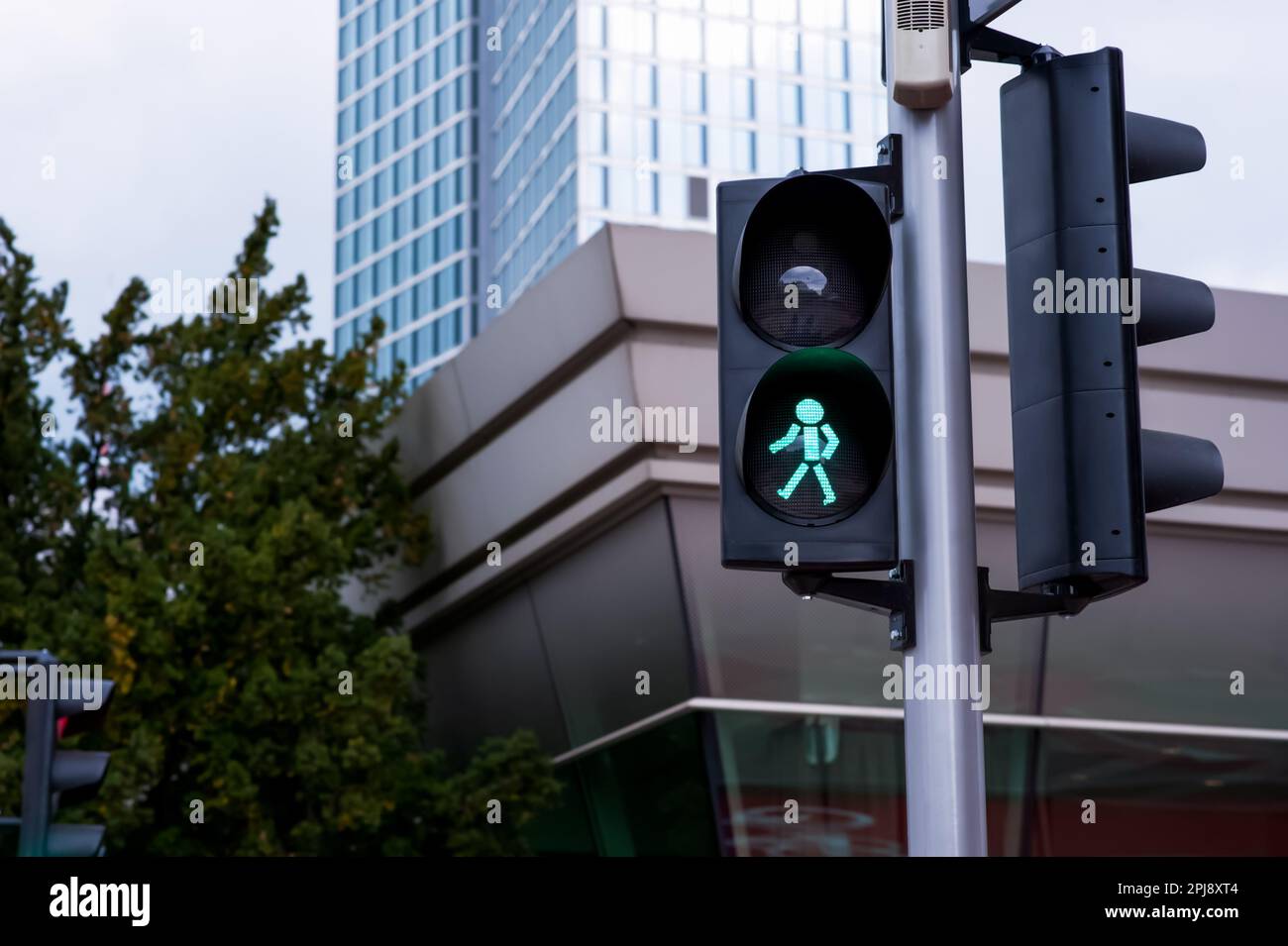 Post with traffic lights in city, space for text Stock Photo - Alamy