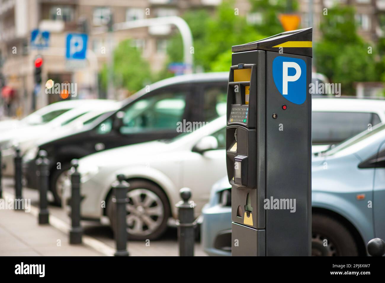Parking meter on city street, space for text. Modern device Stock Photo ...