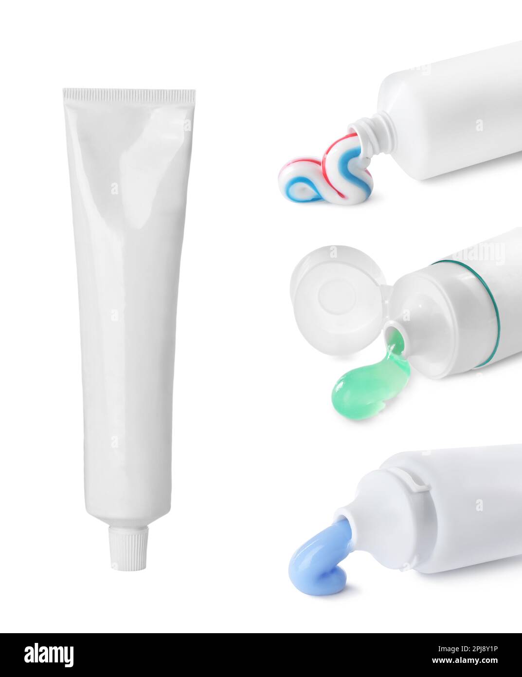 Collage with different toothpastes on white background Stock Photo - Alamy