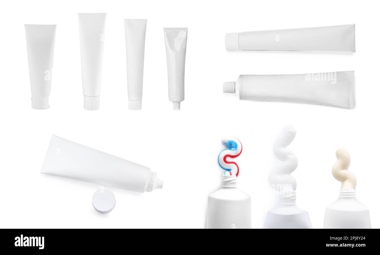 Collage with different toothpastes on white background, top view Stock ...