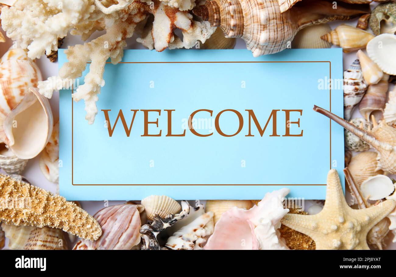 Different beautiful sea shells and card with word WELCOME, flat lay ...