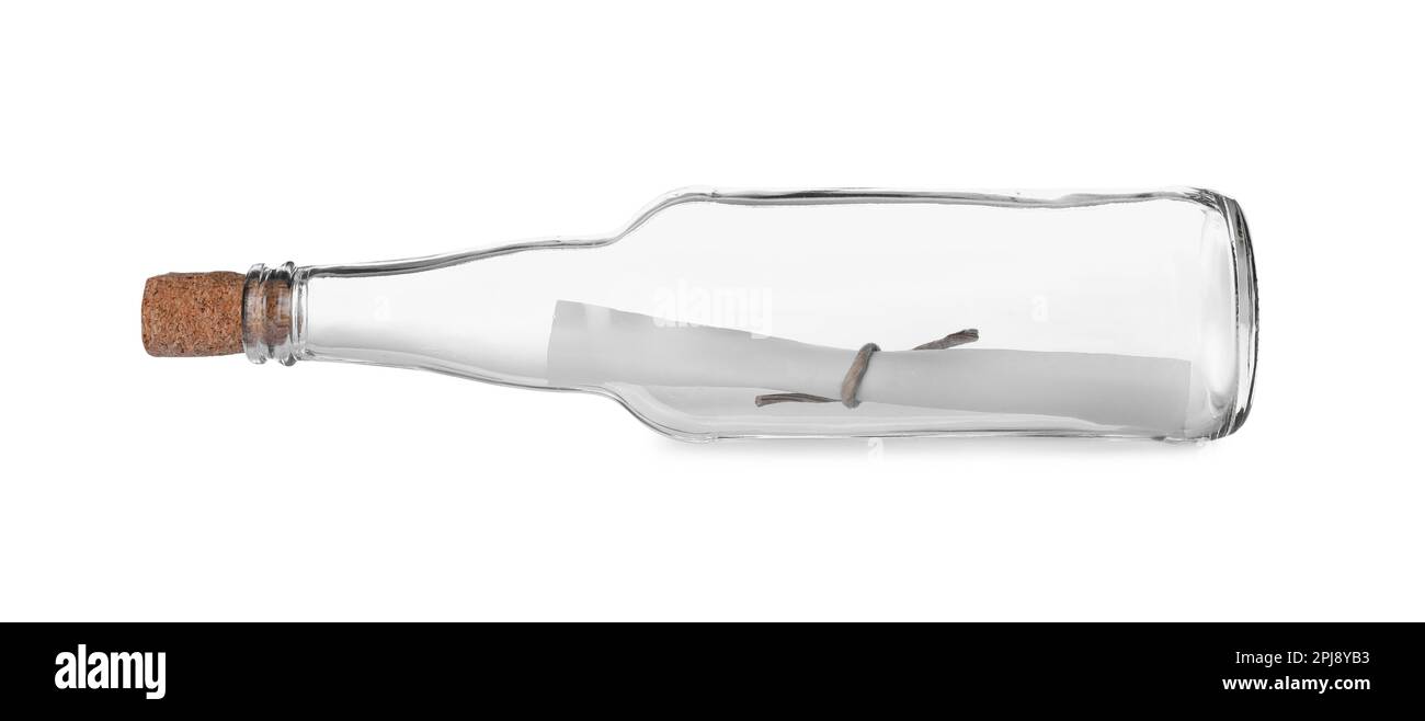 Corked glass bottle with rolled paper note on white background Stock ...