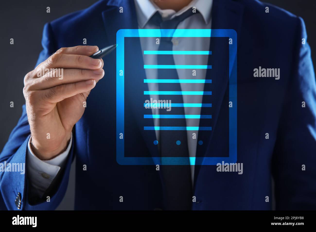 Electronic signature concept. Businessman with pen near virtual screen ...