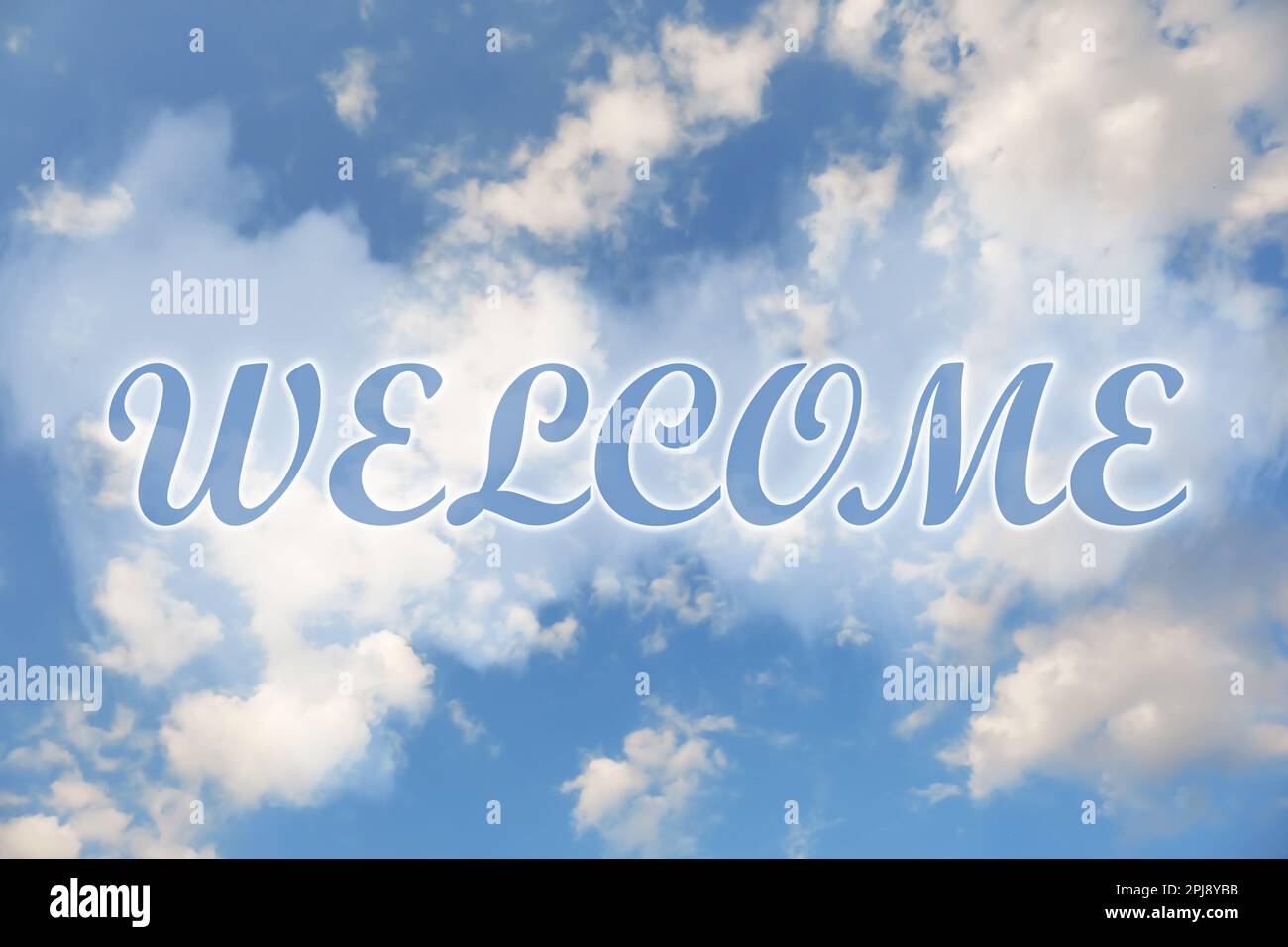 Word WELCOME and beautiful view of blue sky with fluffy clouds Stock ...
