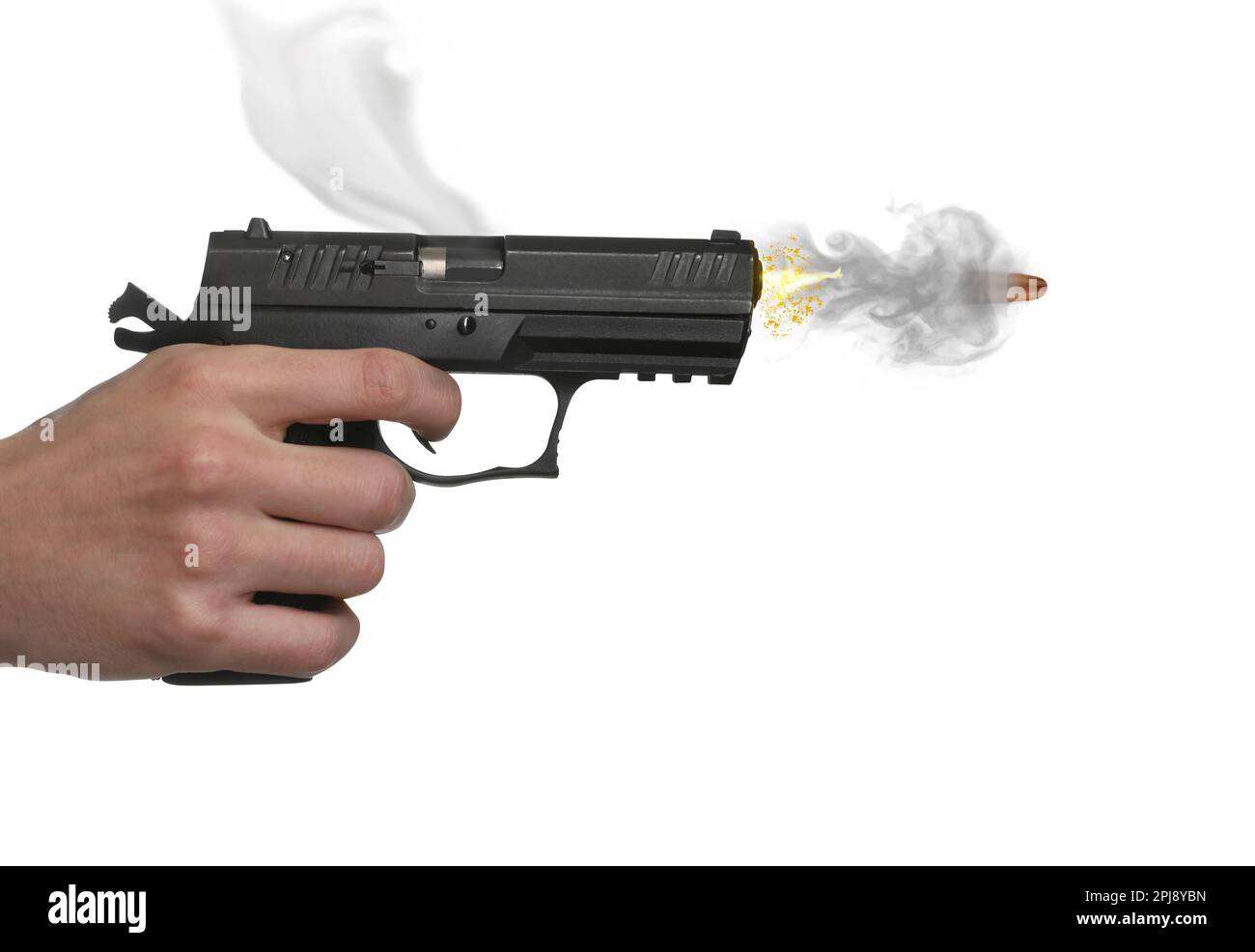 Man shooting from gun on white background, closeup Stock Photo - Alamy