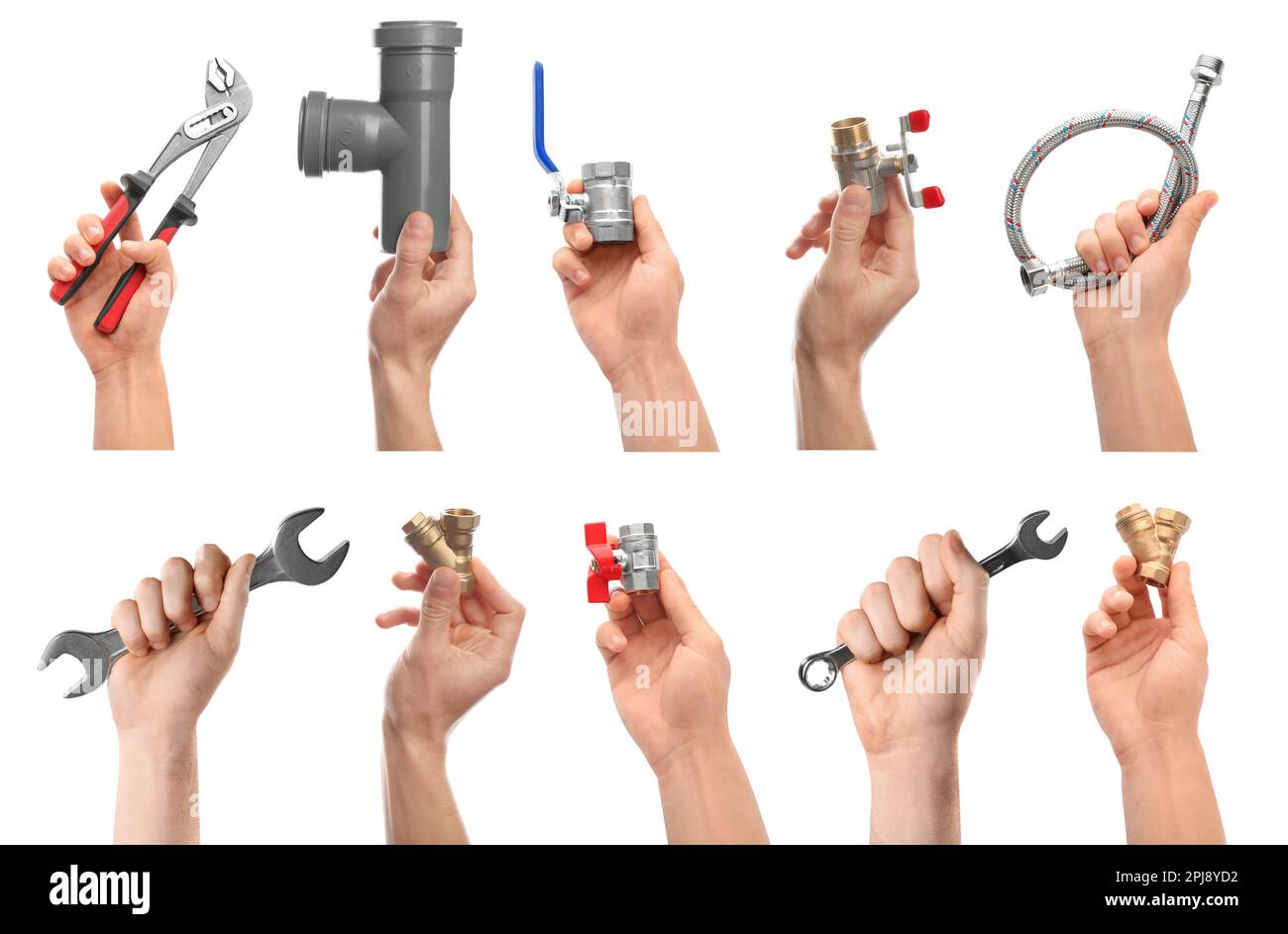 Collage with photos of men holding different plumbing tools on white ...
