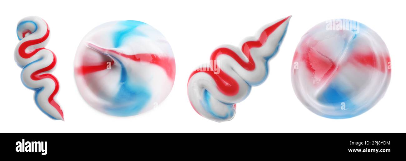 Set with smears of toothpaste on white background, top view. Banner ...