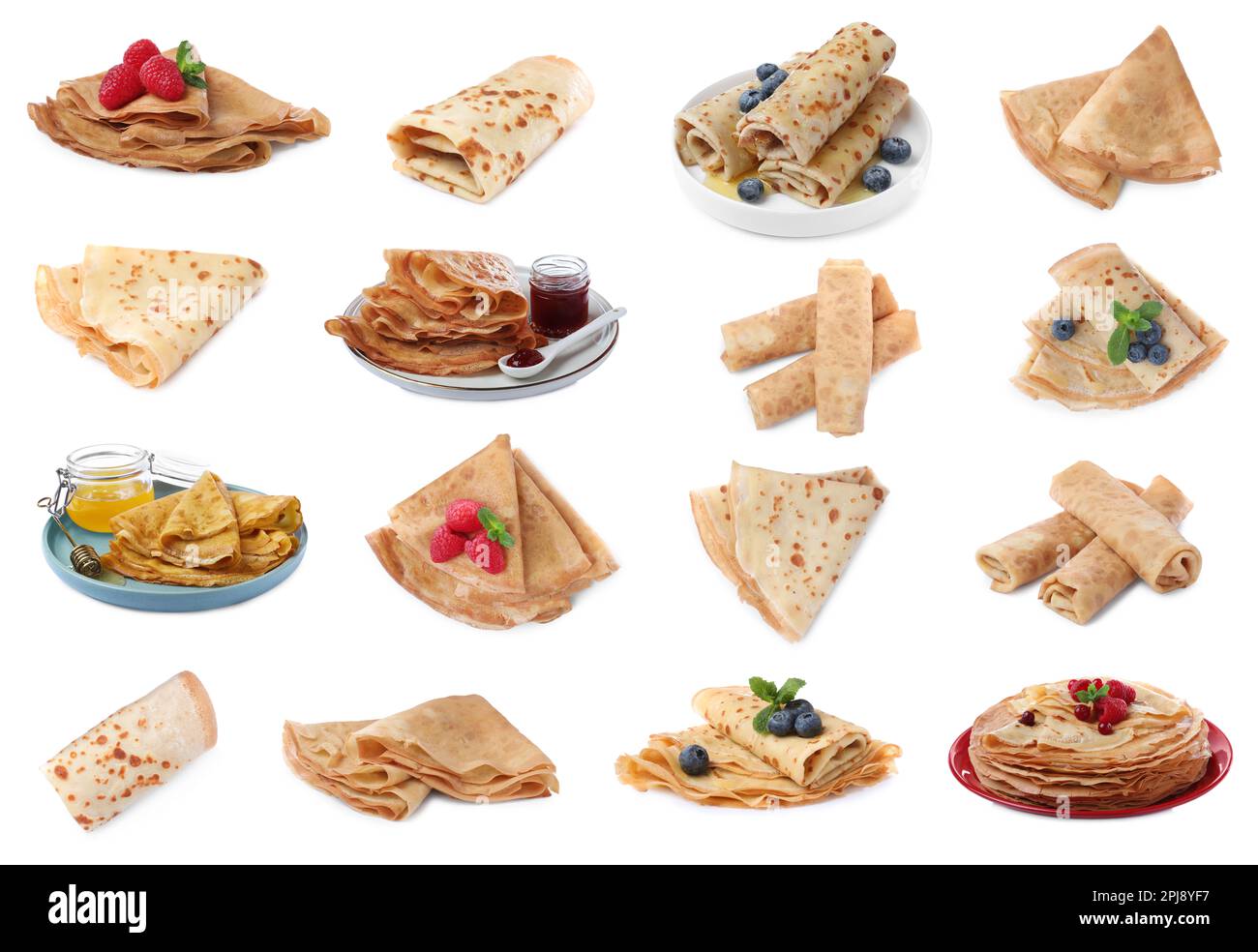 Set of delicious crepes with berries, jam and honey on white background ...
