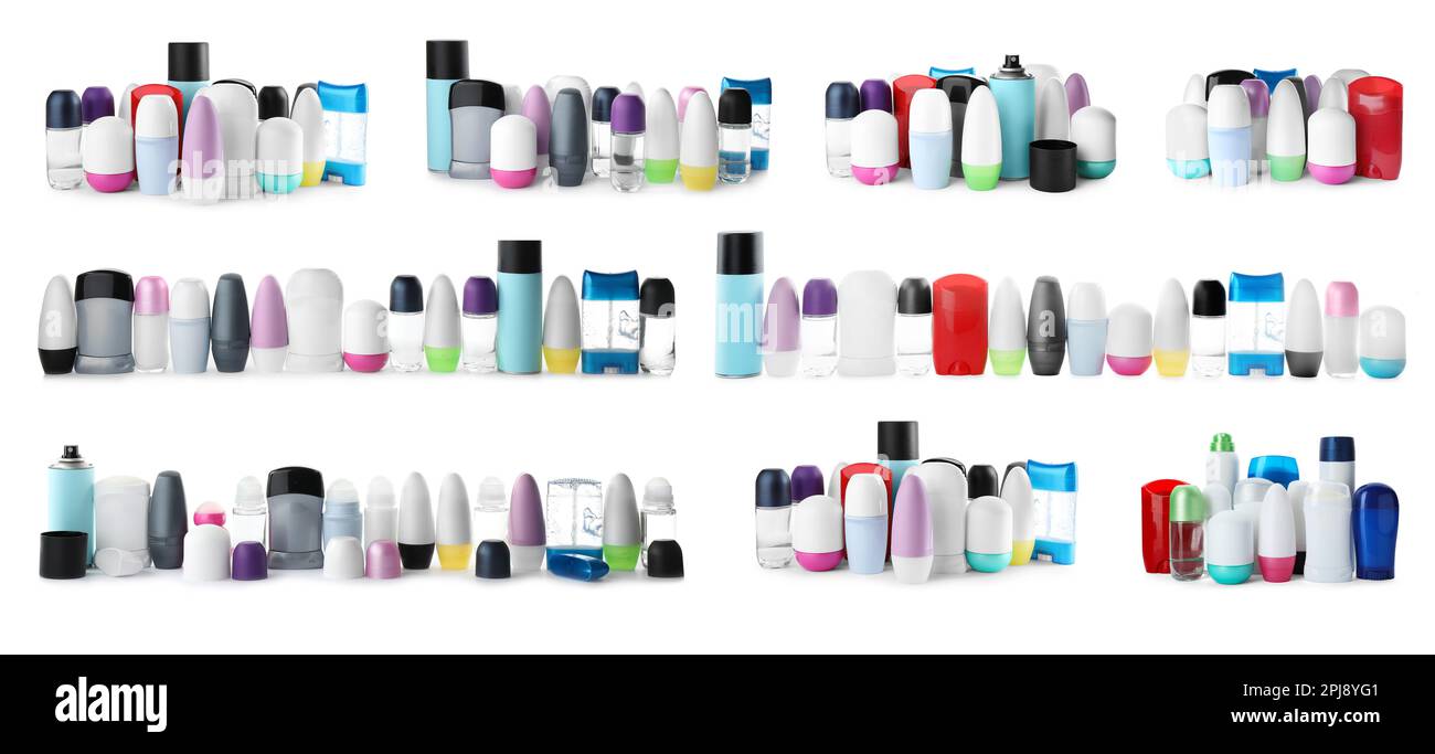 Set of different deodorants on white background. Banner design Stock ...