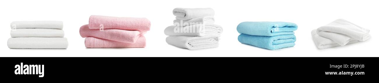 Set of folded colorful towels on white background. Banner design Stock ...