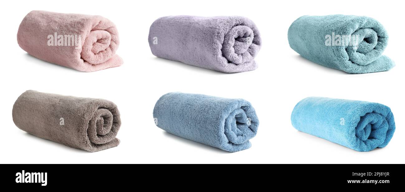 Set of rolled colorful towels on white background. Banner design Stock ...