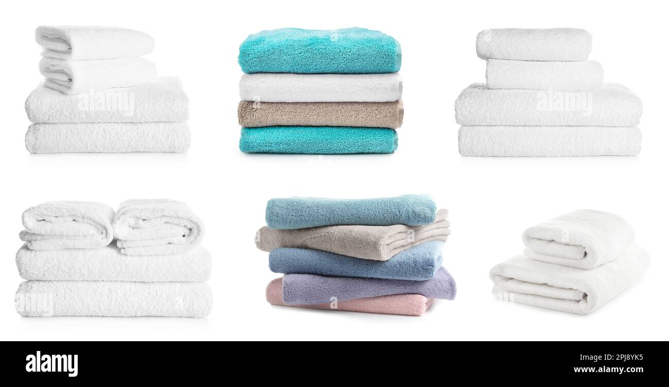 Set of folded colorful towels on white background. Banner design Stock ...