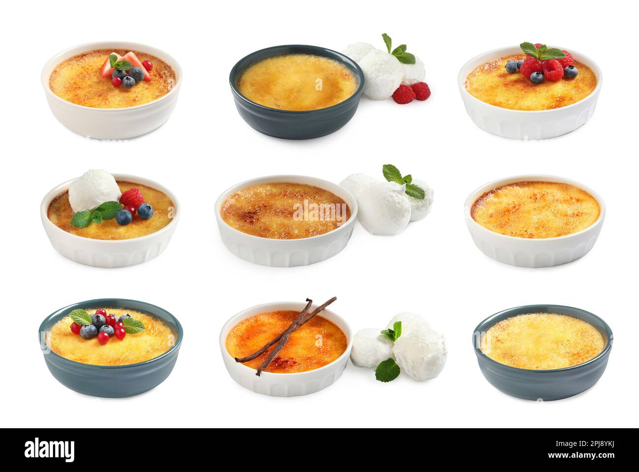Set with delicious creme brulee on white background Stock Photo - Alamy