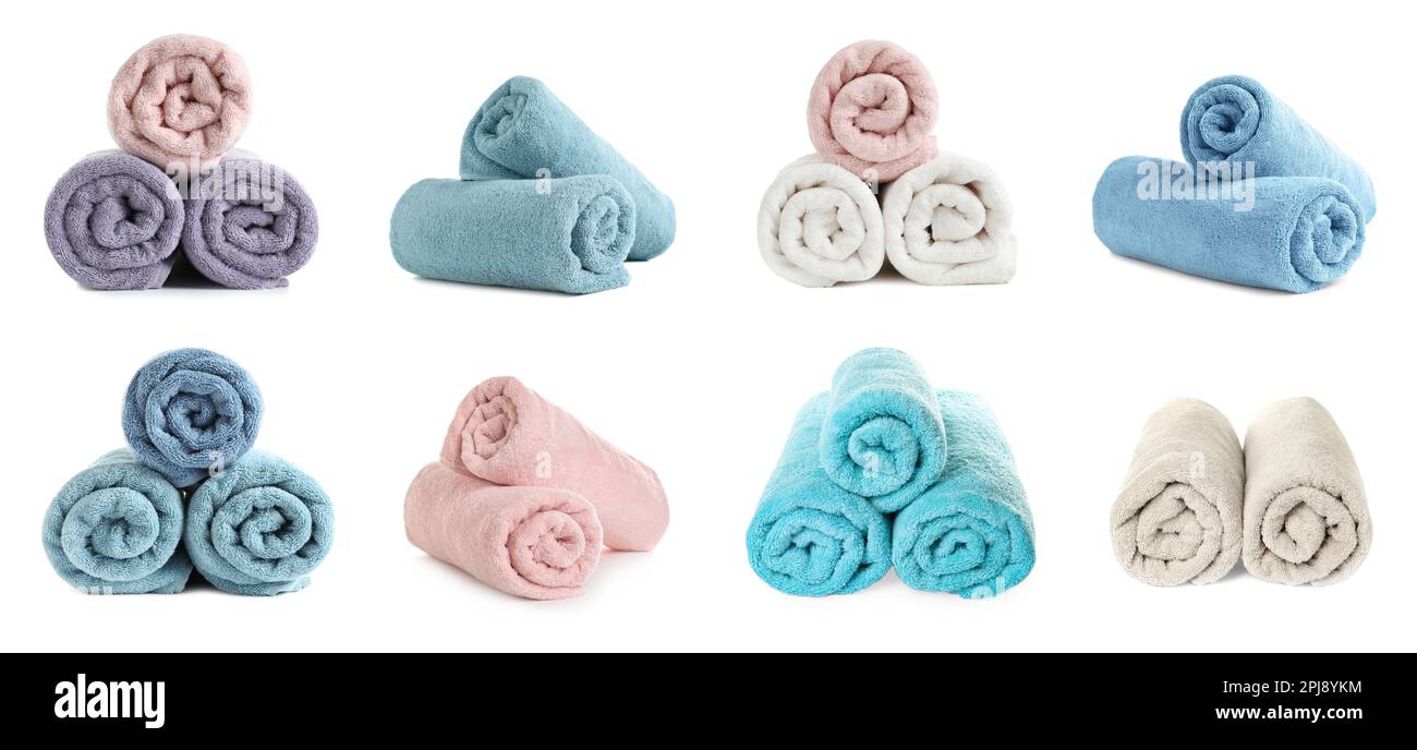 Set of rolled colorful towels on white background. Banner design Stock ...