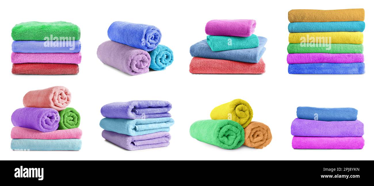 Set with different colorful towels on white background. Banner design ...
