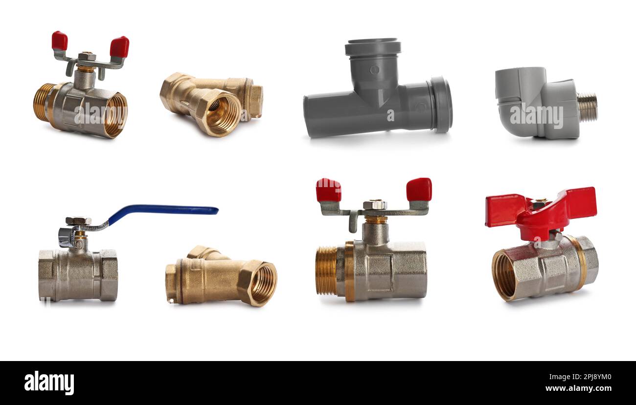 Set of fittings and valves on white background. Plumbing supplies Stock ...