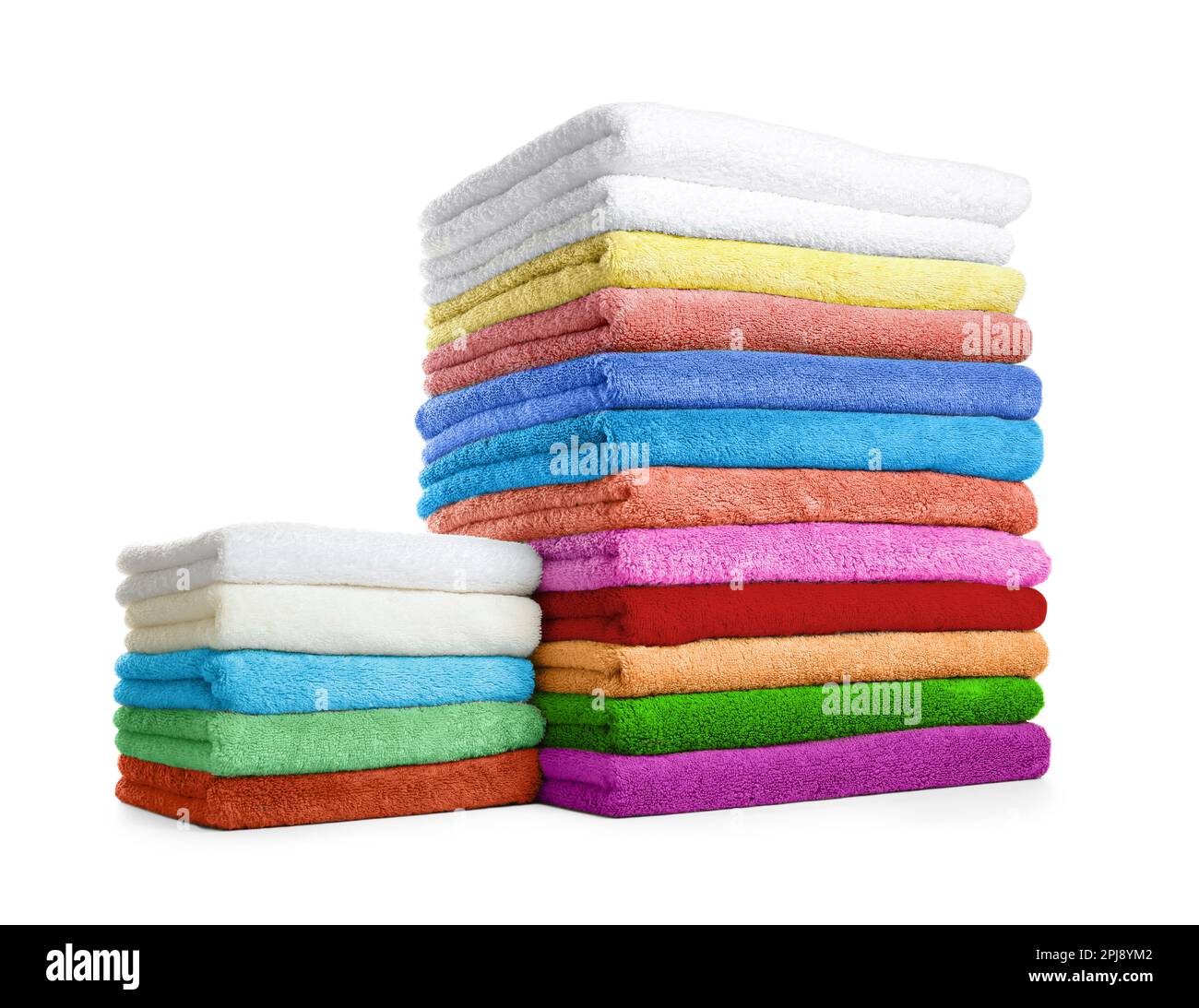Different fresh soft terry towels on white background Stock Photo - Alamy