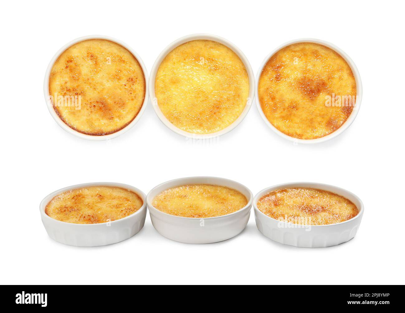 Set with delicious creme brulee on white background Stock Photo - Alamy