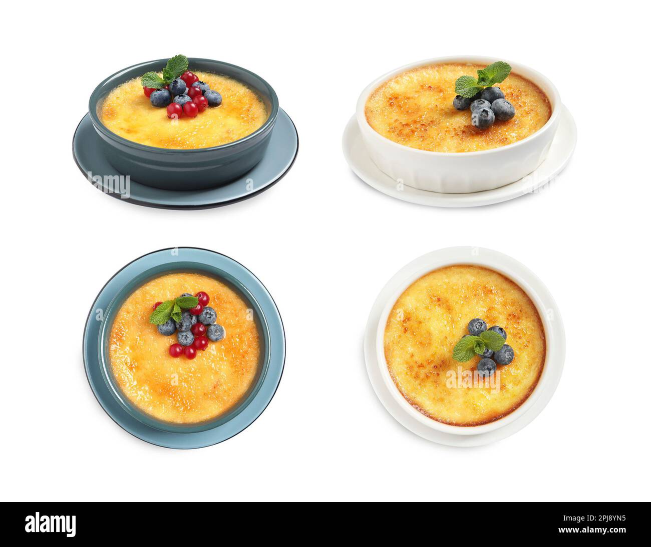 Set with delicious creme brulee on white background Stock Photo - Alamy