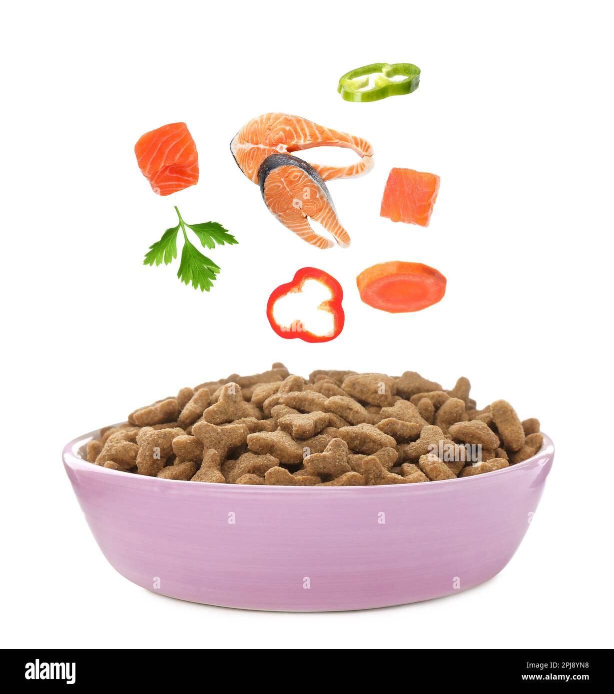 Natural organic ingredients and pet food in bowl on white background ...