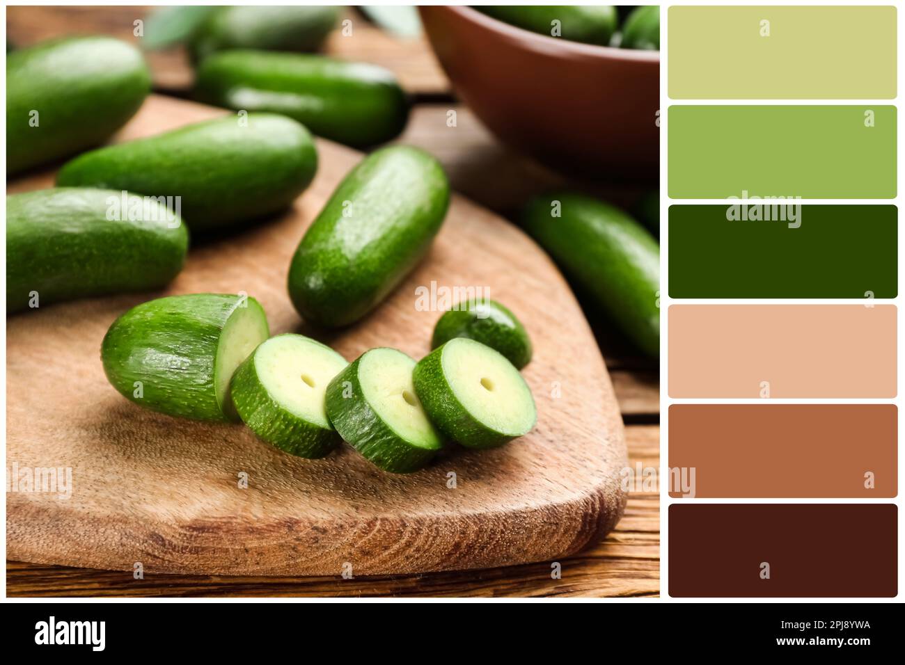 Color palette and fresh seedless avocados on wooden table. Collage ...