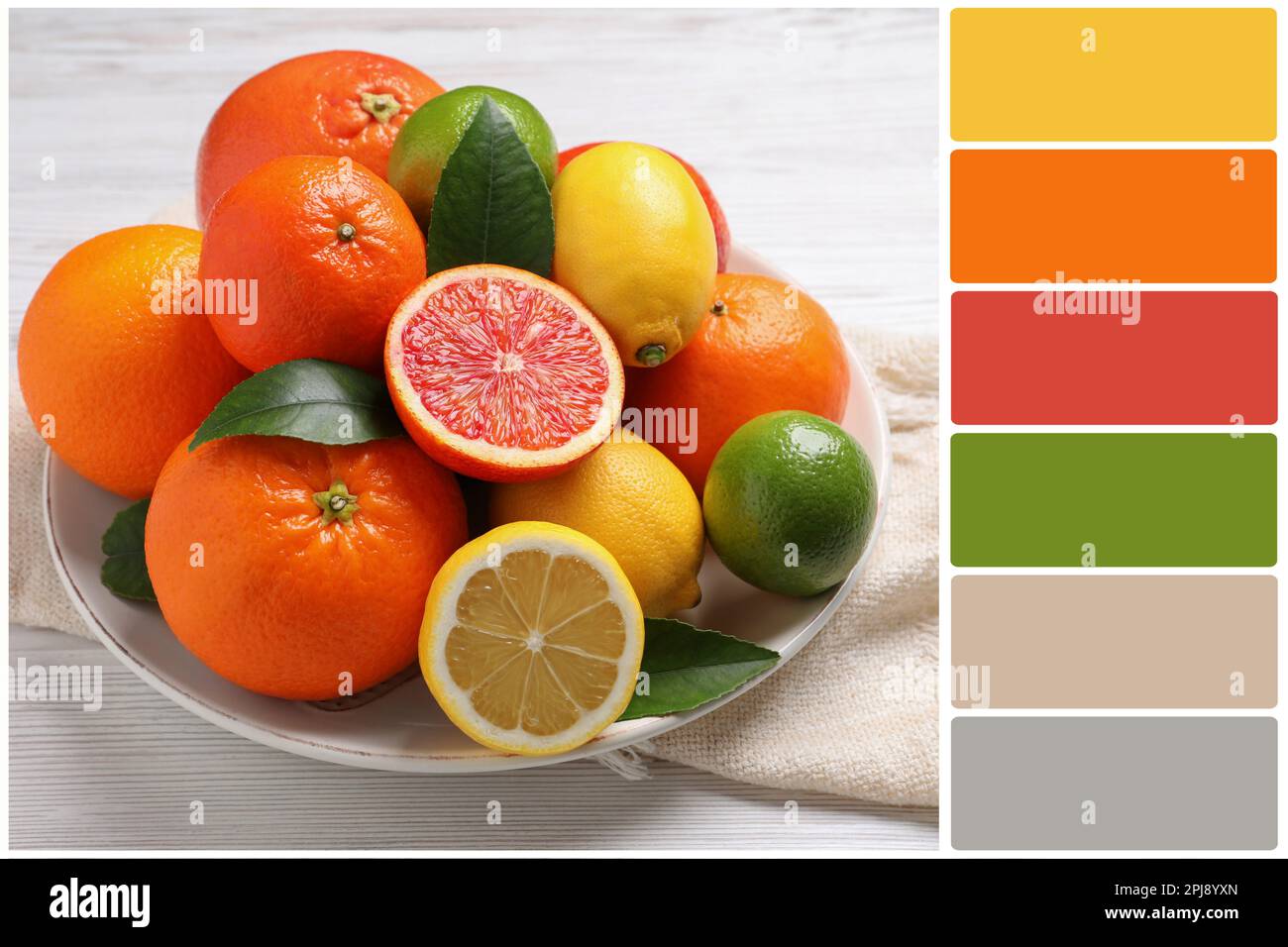 Color palette and different ripe citrus fruits on white wooden table ...