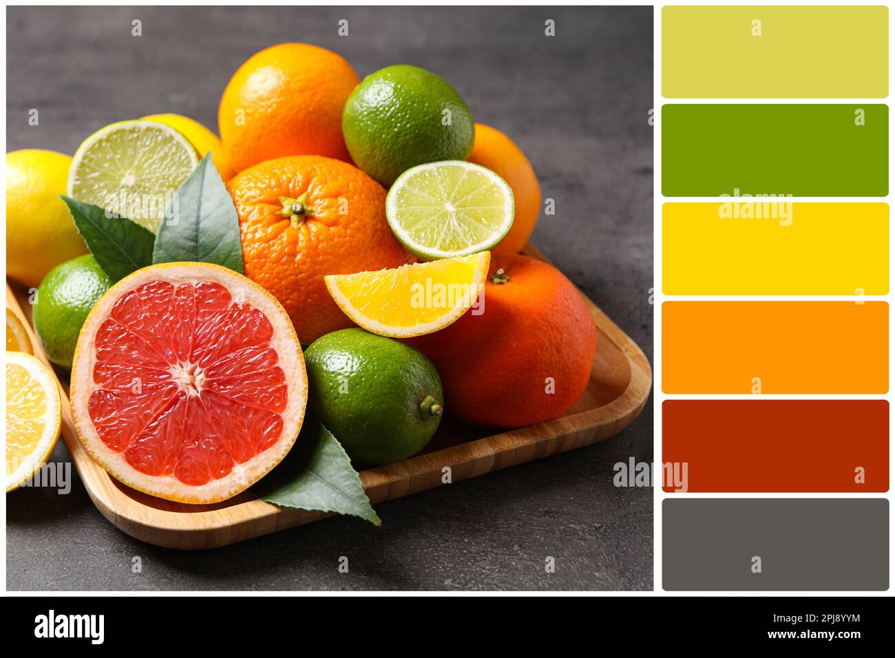 Color palette and different ripe citrus fruits on grey table. Collage ...