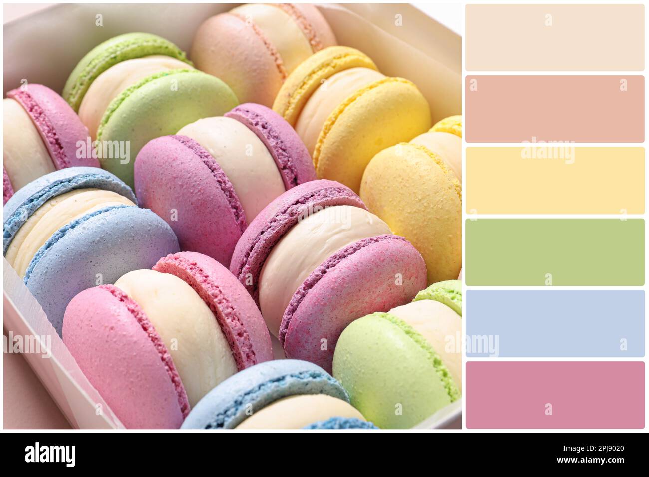 Color palette and many delicious macarons in box, closeup. Collage ...