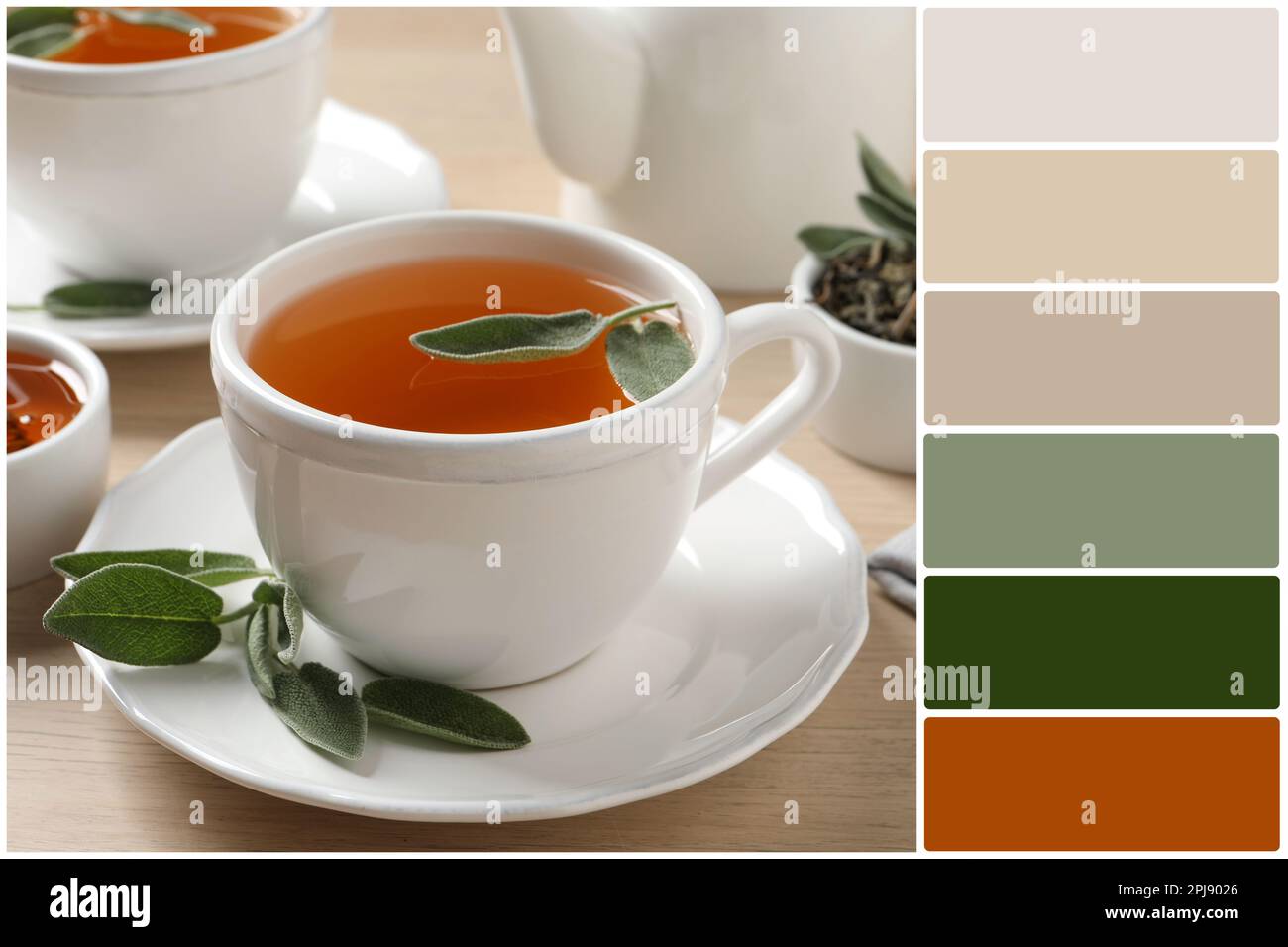 Color palette and cup of aromatic sage tea served with honey on wooden ...