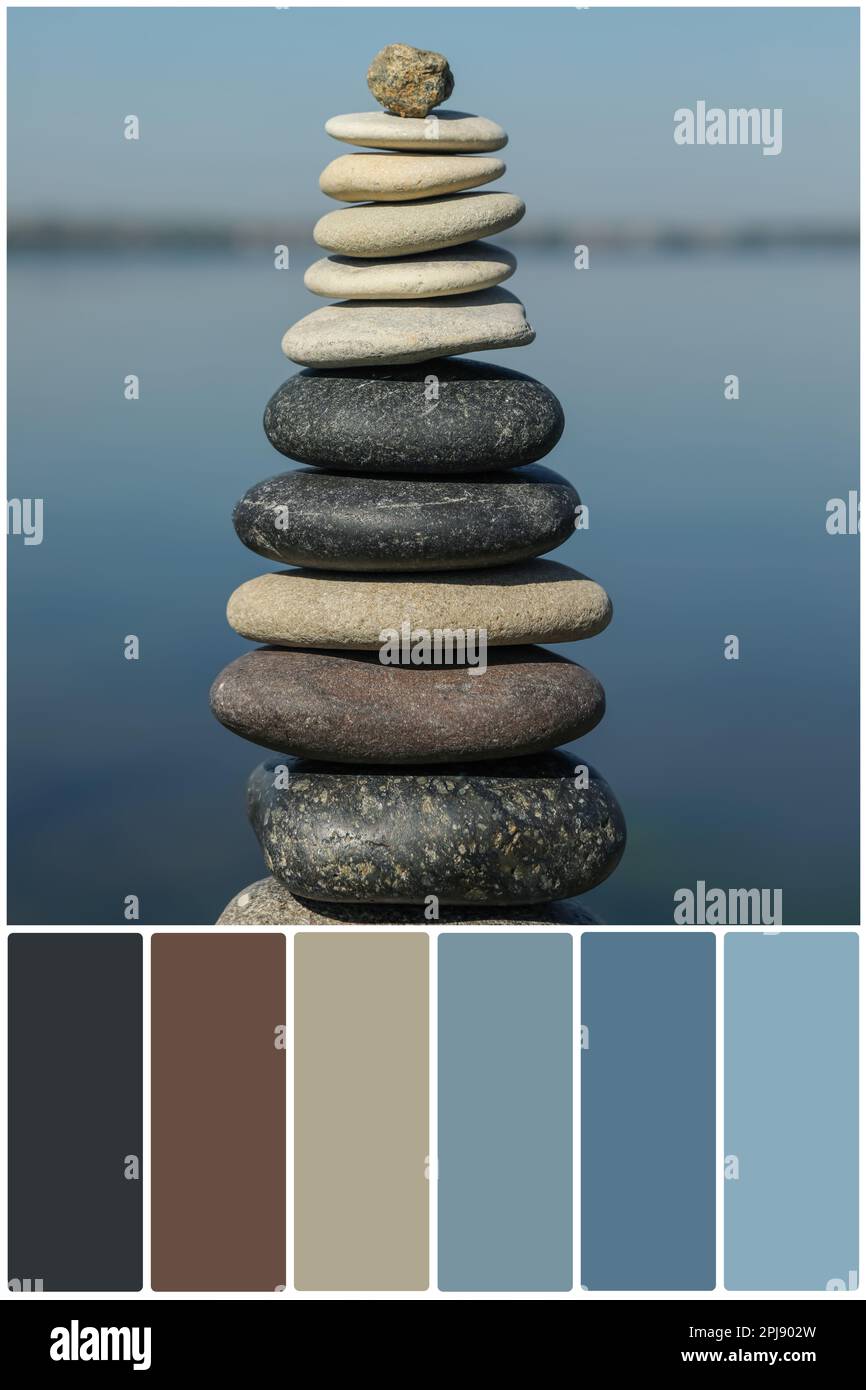 Color palette and stack of stones near sea on sunny day. Collage Stock ...