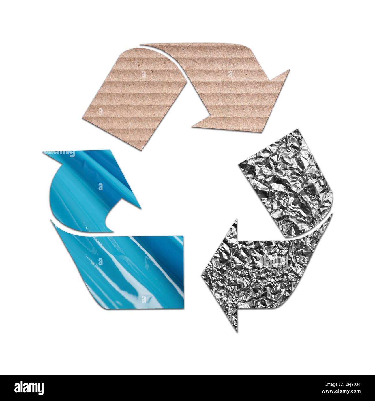 Recycling symbol made of crumpled foil, cardboard and turquoise stretch ...