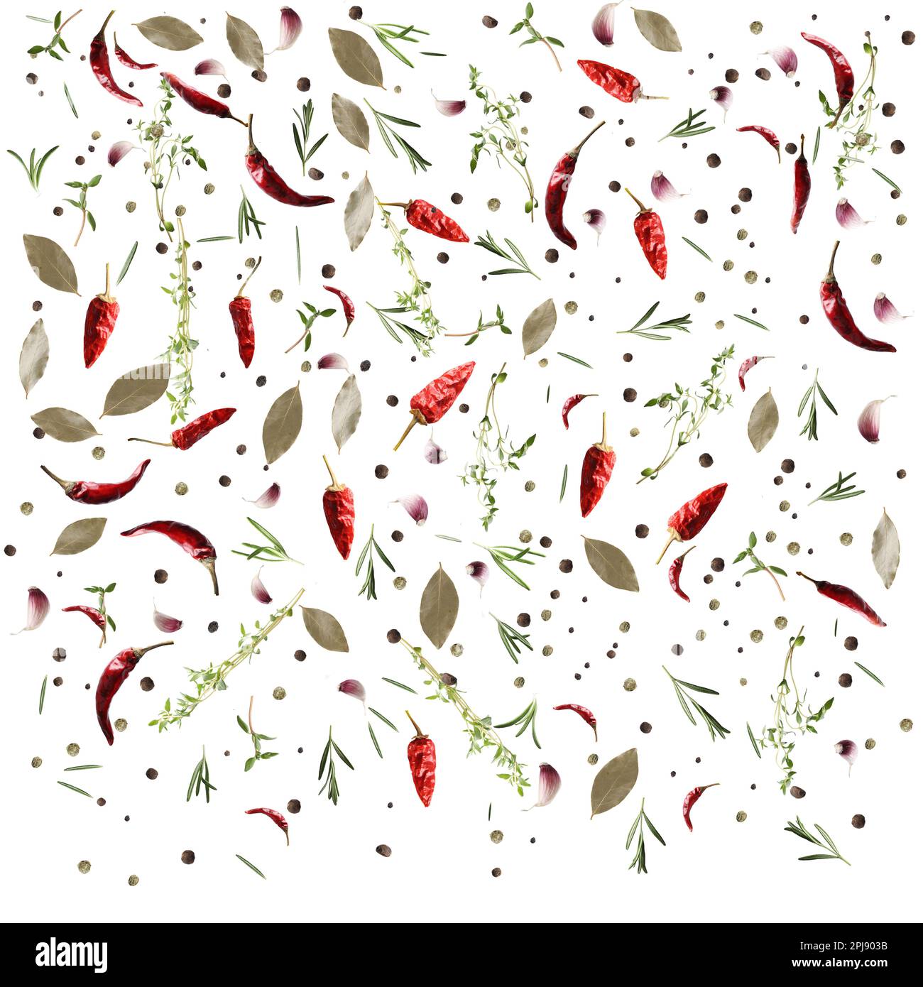 Many different spices flying on white background Stock Photo - Alamy