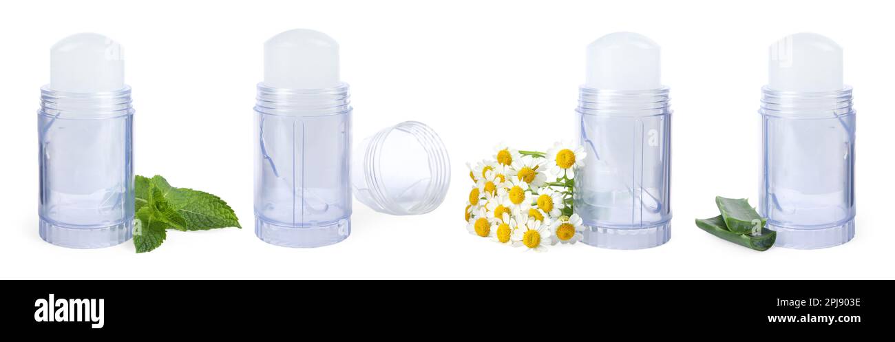 Set with different natural crystal alum deodorants on white background ...