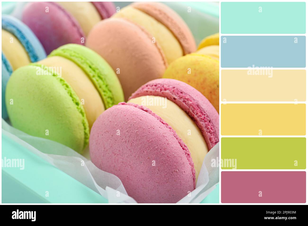 Color palette and many delicious macarons in box, closeup. Collage ...
