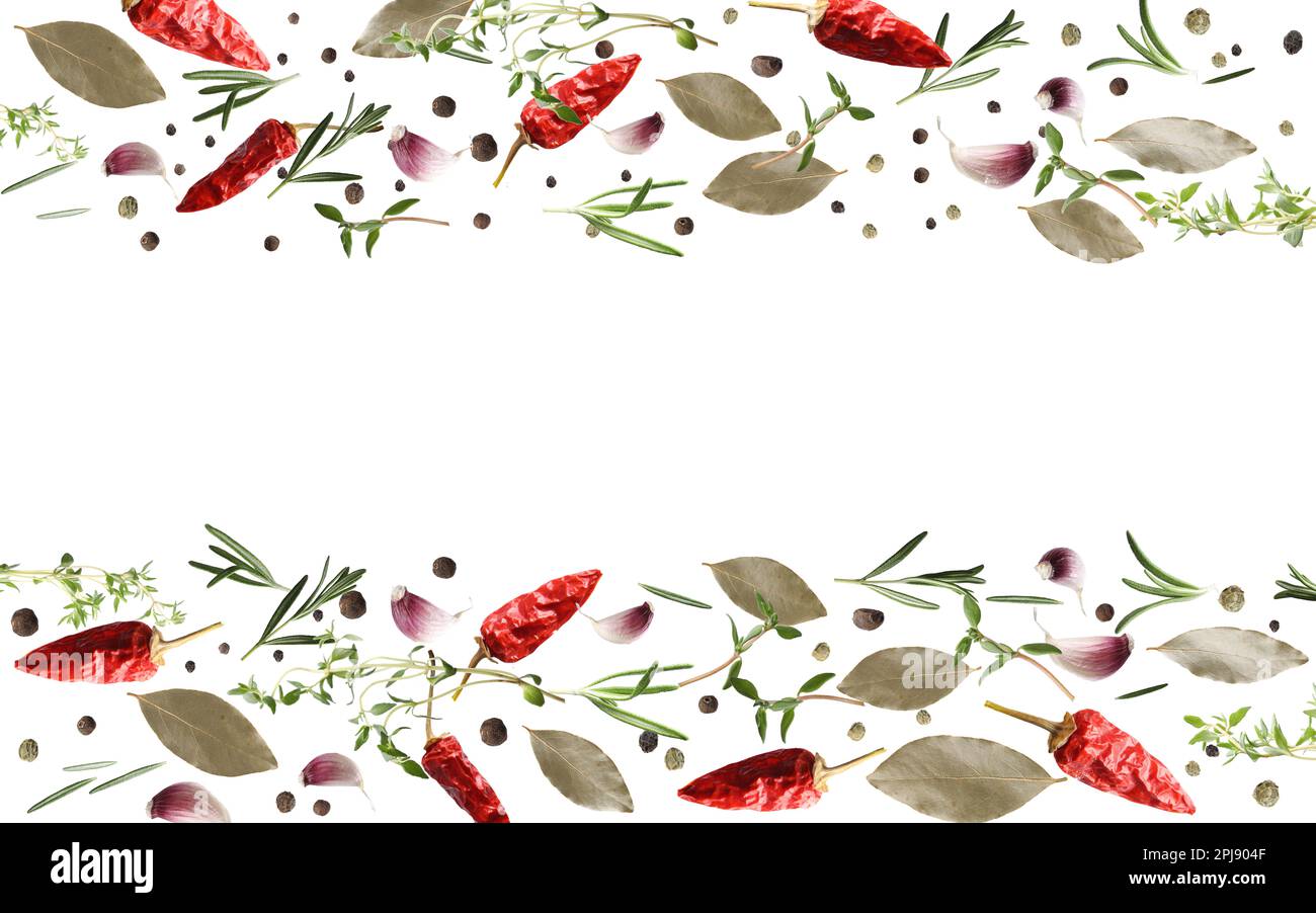 Many different spices flying on white background Stock Photo - Alamy