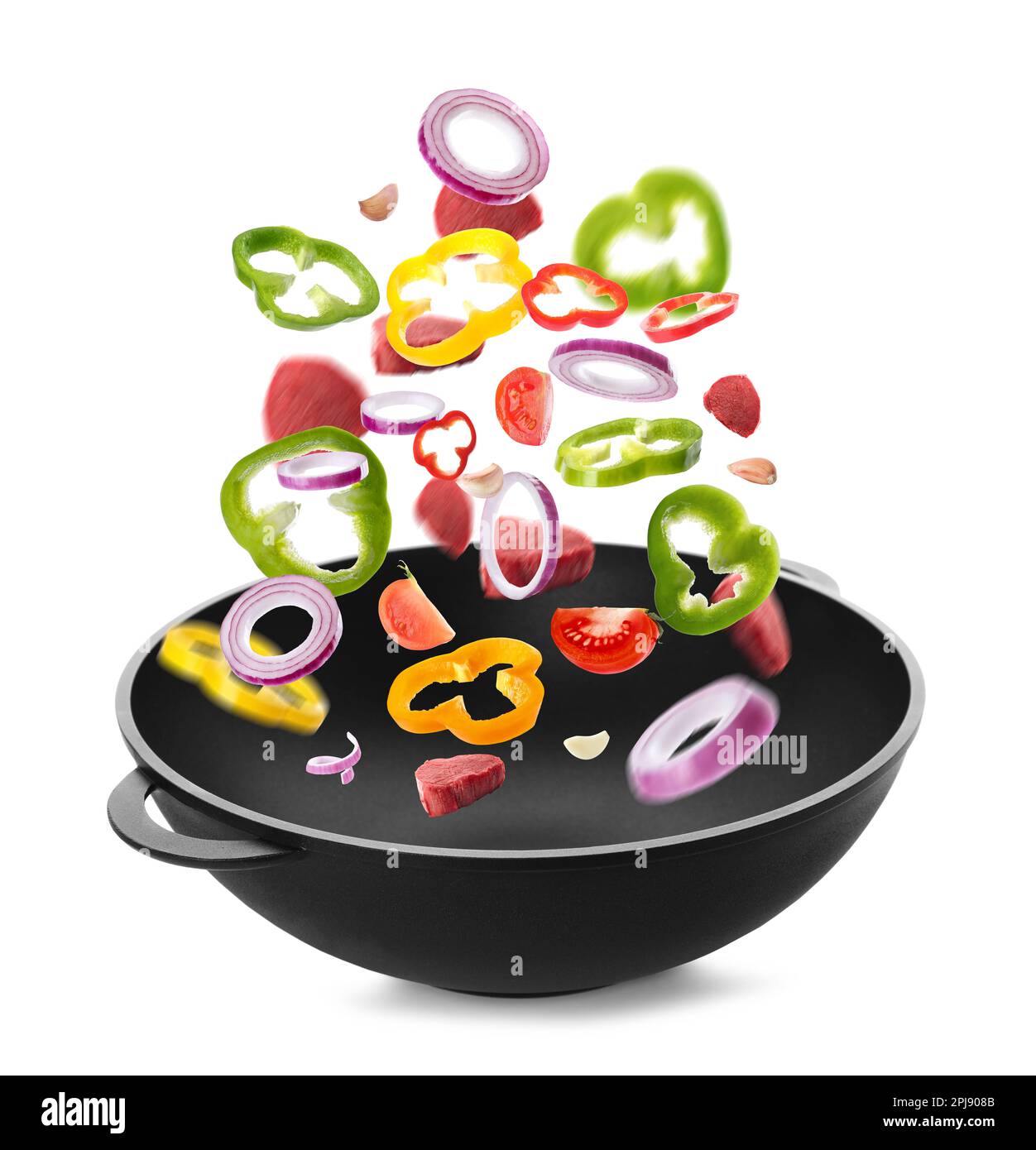 Different tasty ingredients falling into wok on white background Stock ...