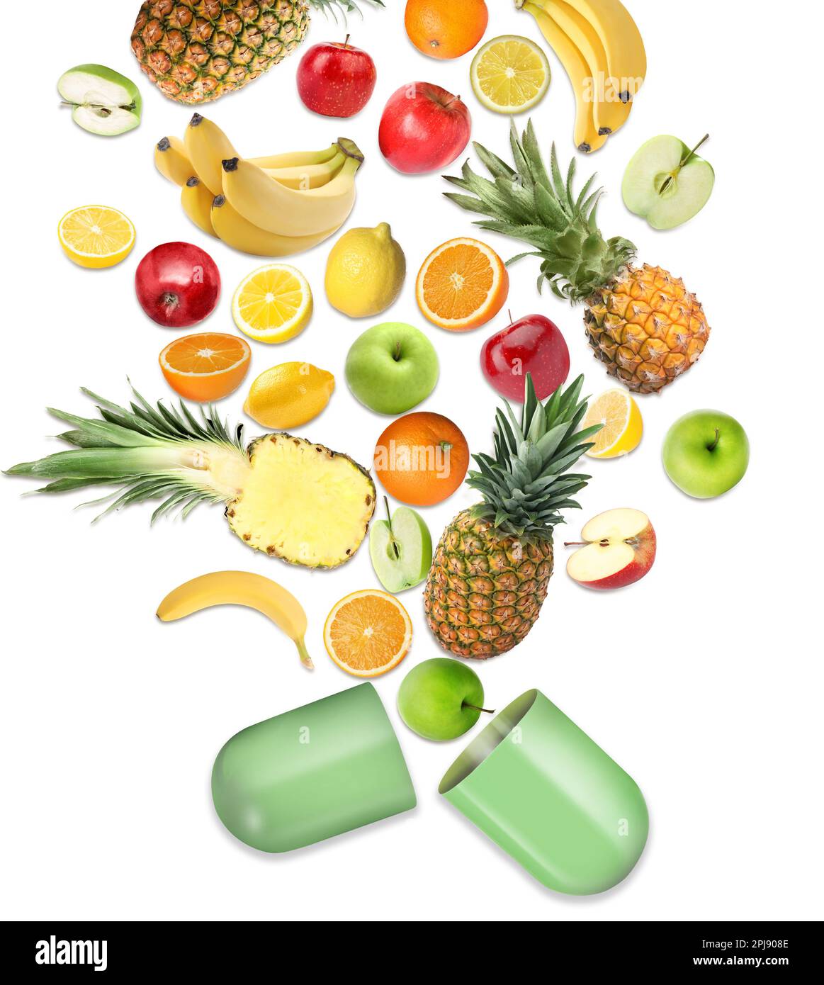 Dietary supplements. Capsule and different fresh fruits flying on white ...