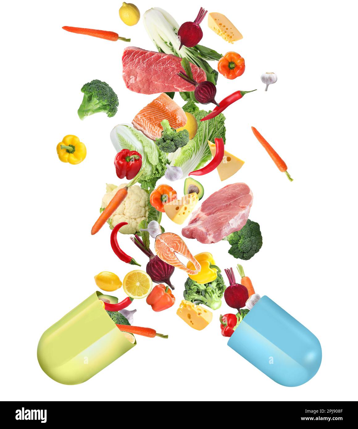 Dietary supplements. Capsule and different fresh products flying on ...