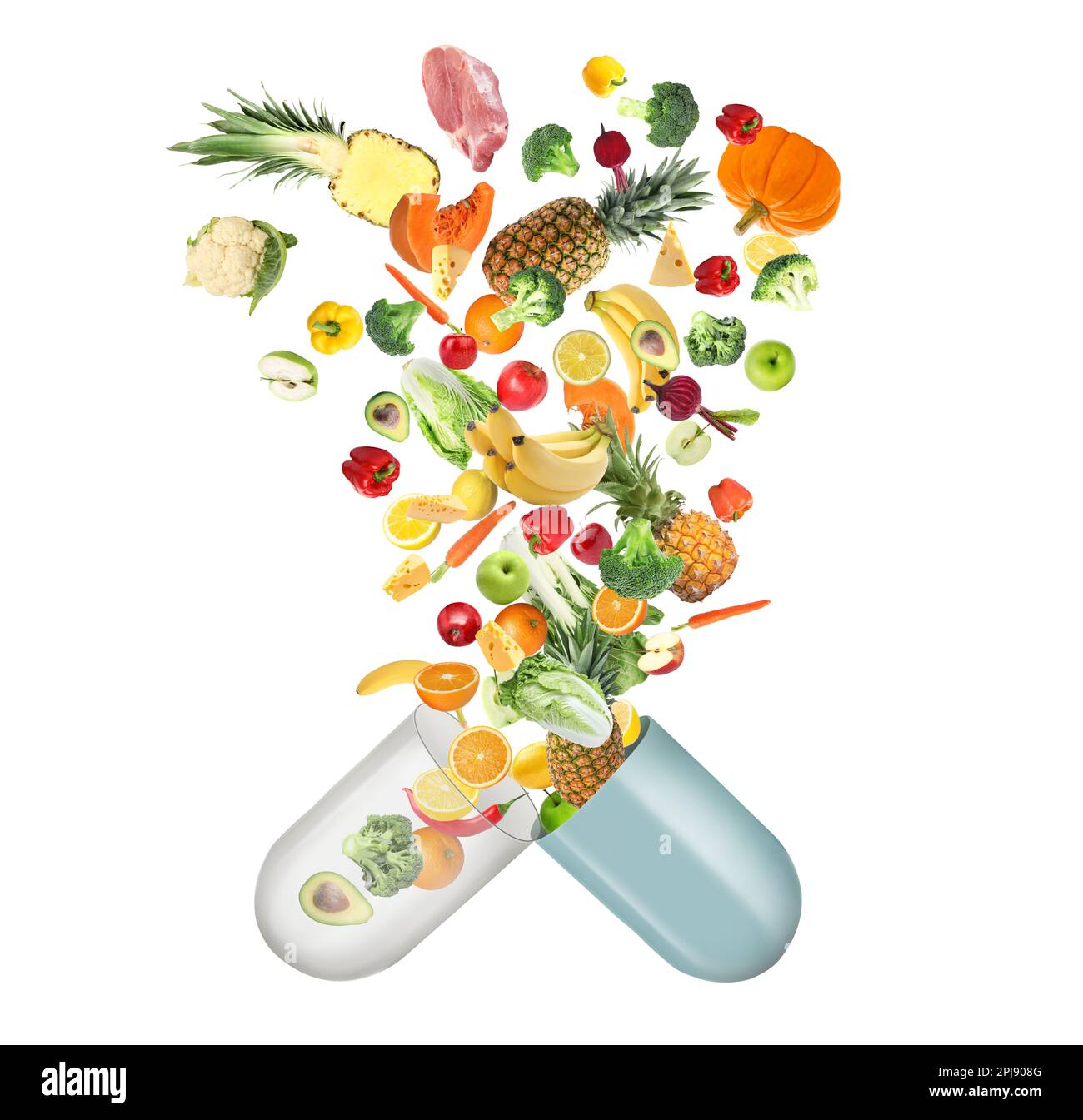 Dietary supplements. Capsule and different fresh products flying on ...