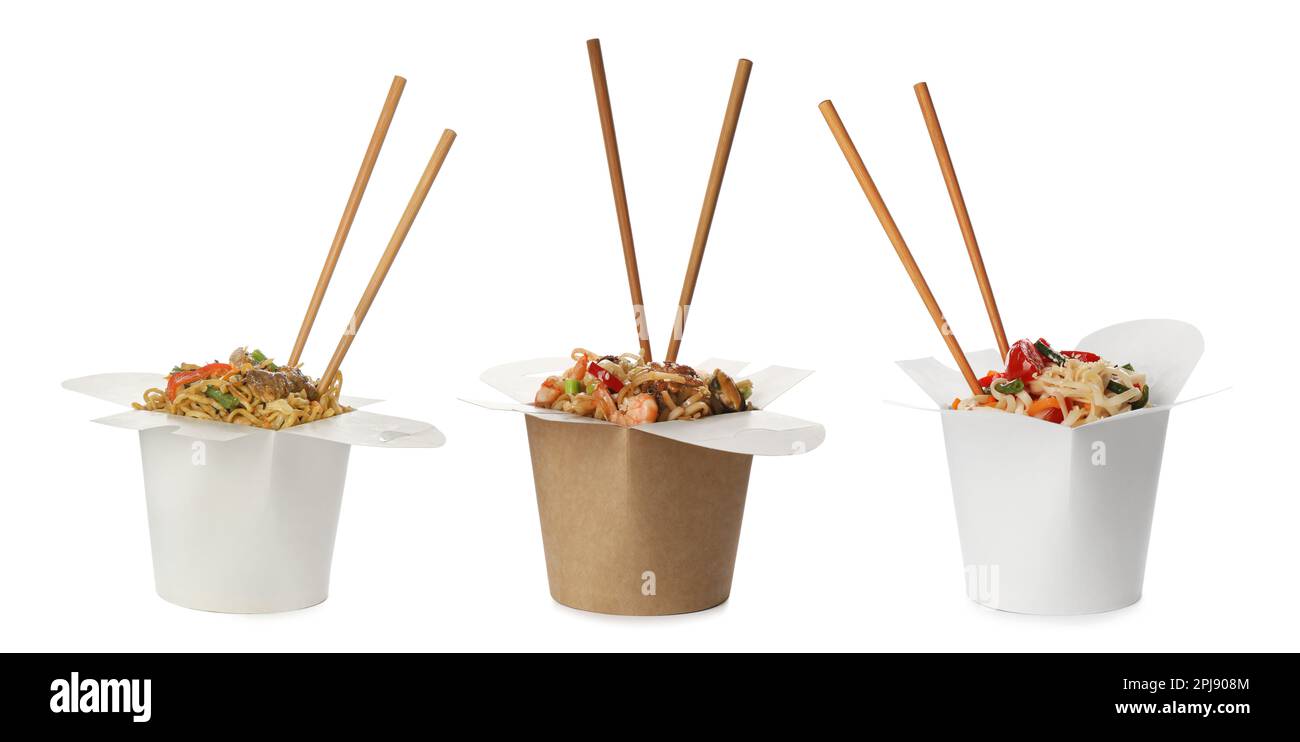Set with boxes of tasty wok noodles on white background. Banner design ...