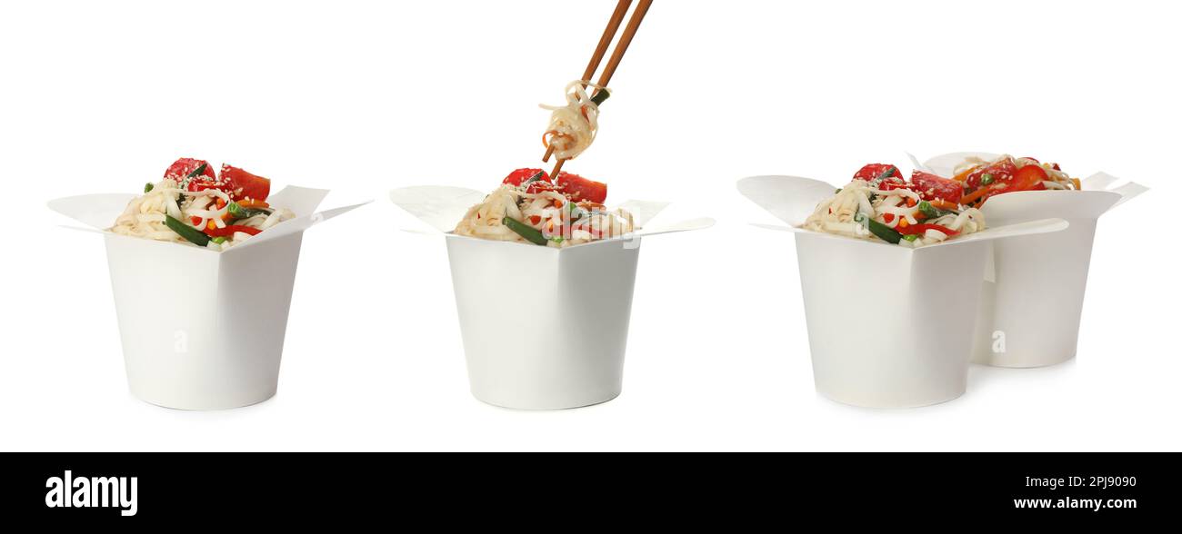 Set with boxes of tasty wok noodles on white background. Banner design ...
