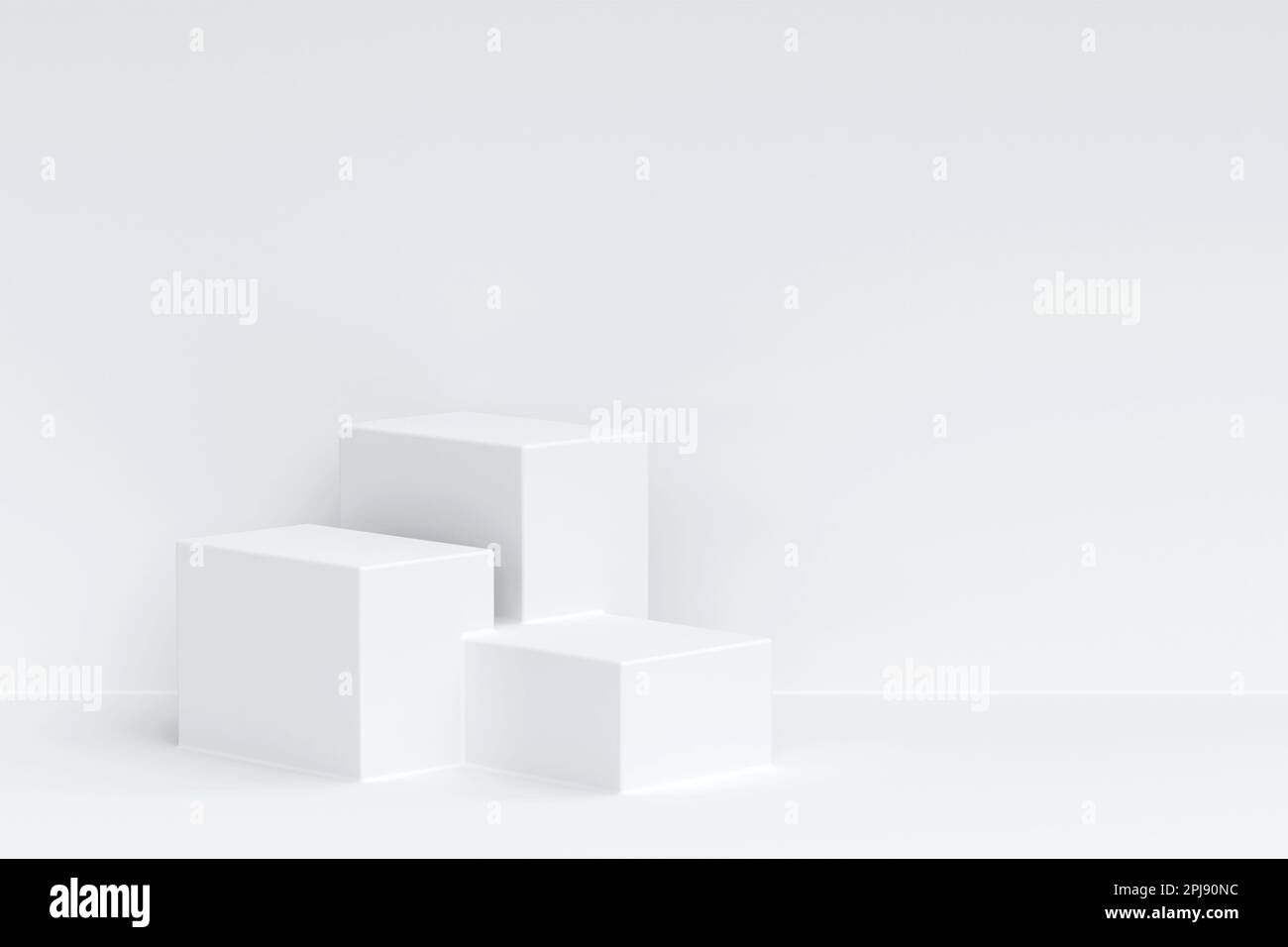Three white square pedestal podium and white wall backdrop. White ...
