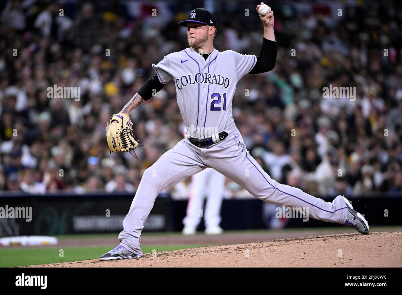 Colorado Rockies starting pitcher Kyle Freeman throws to a San Diego ...