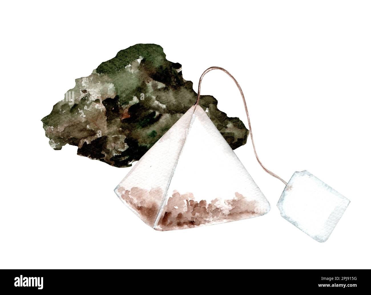 Tea bag watercolor. Filter paper, thread, square label. Hand drawn ...