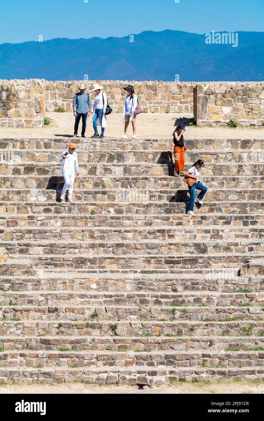 Monte Alban, Oaxaca de Juárez, Mexico, Tourists on the steps of mayan ...