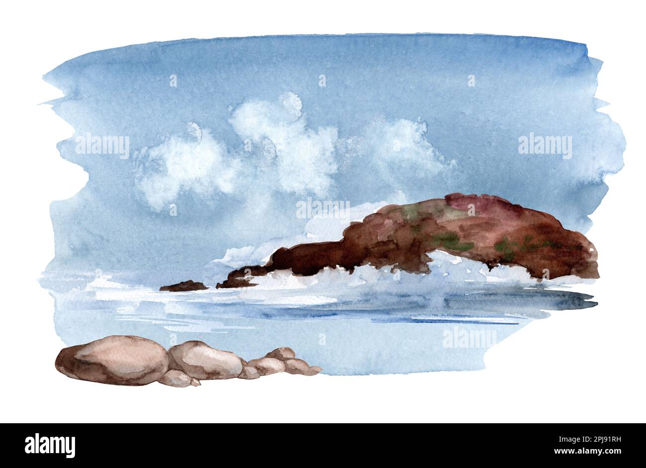 Sea shore. watercolor illustration. Hand drawn beach with sandy beach ...