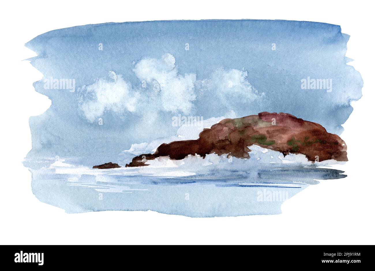 Sea shore. watercolor illustration. Hand drawn beach with sandy beach ...