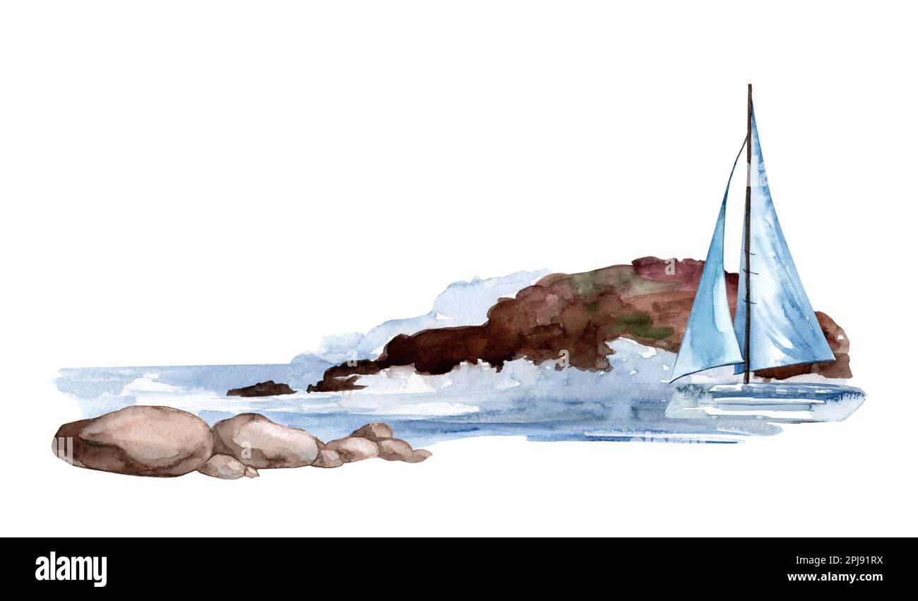 Seashore with a sailboat. watercolor illustration. Hand drawn beach ...